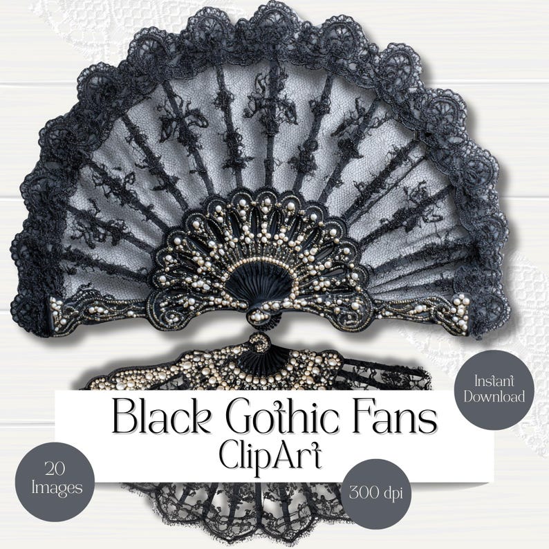 Black Gothic Fan Clipart, Dark Vintage Hand Fans, Gothic Ephemera for ...