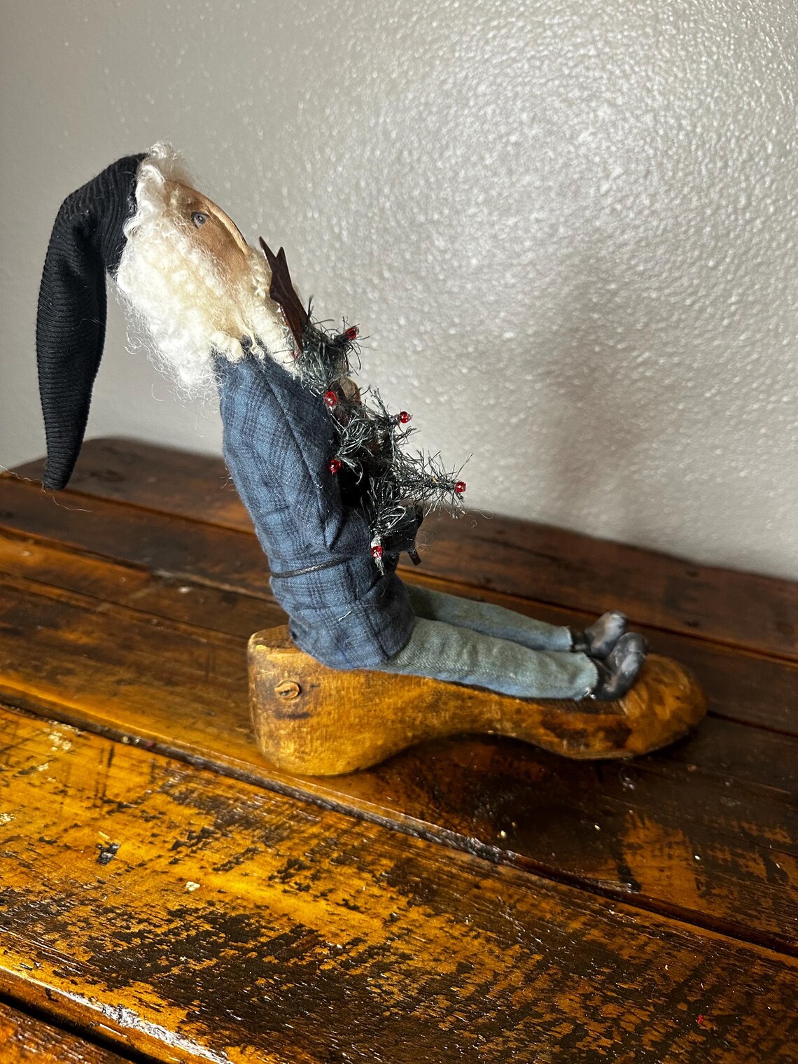 Santa on Antique Shoe Form Holding a Teddy Bear and Feather Tree - Etsy