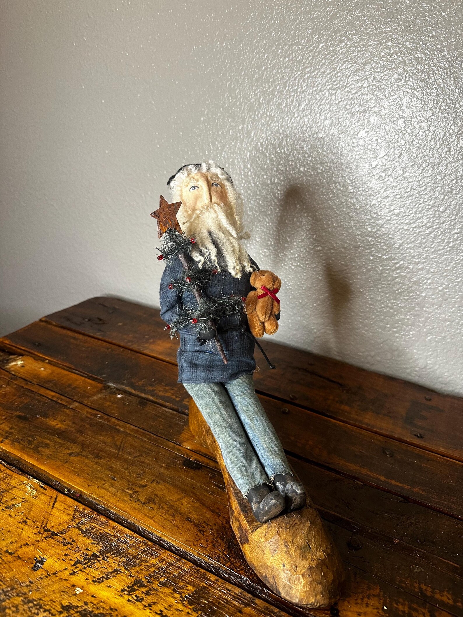 Santa on Antique Shoe Form Holding a Teddy Bear and Feather Tree - Etsy
