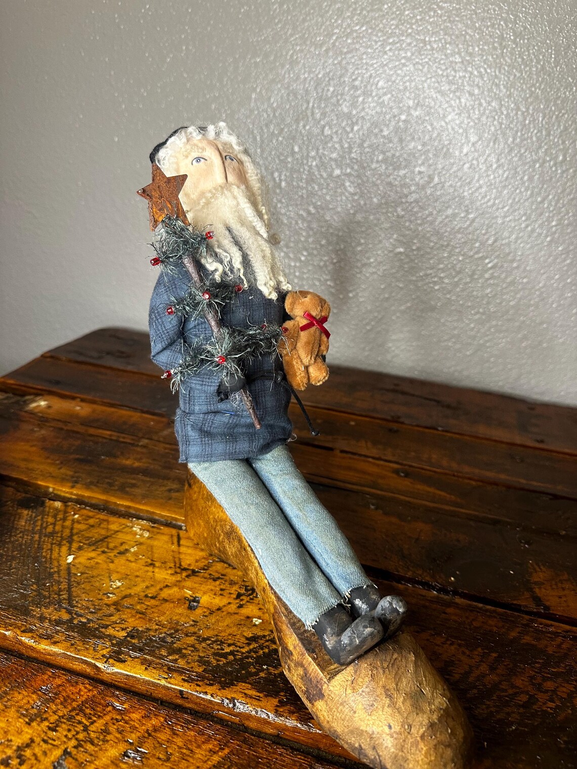 Santa on Antique Shoe Form Holding a Teddy Bear and Feather Tree - Etsy