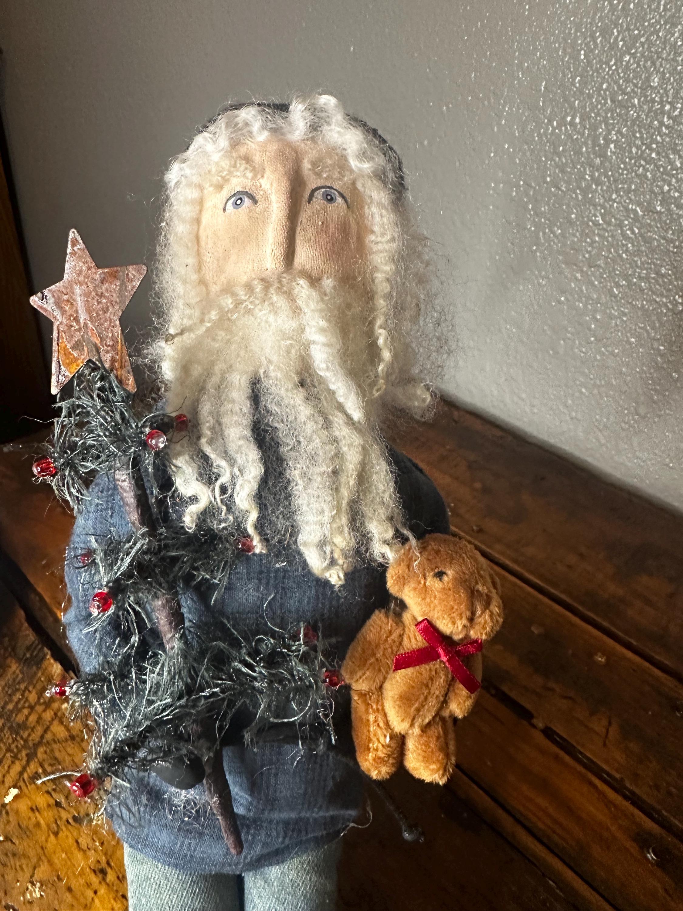 Santa on Antique Shoe Form Holding a Teddy Bear and Feather Tree - Etsy