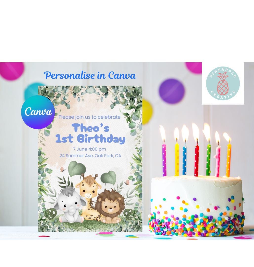 Cute Safari Animals Birthday Party Invitation Blue - Etsy