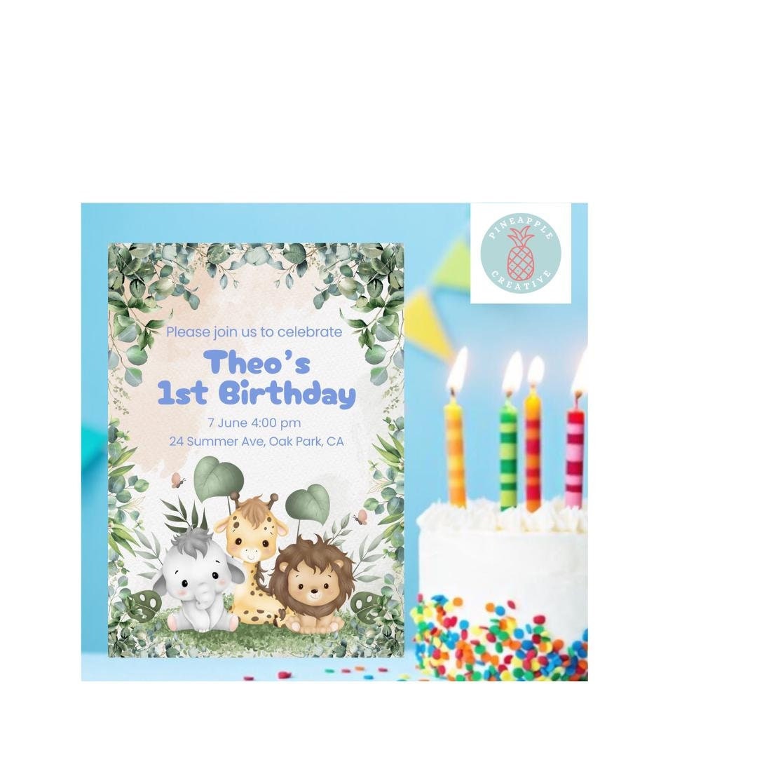 Cute Safari Animals Birthday Party Invitation Blue - Etsy