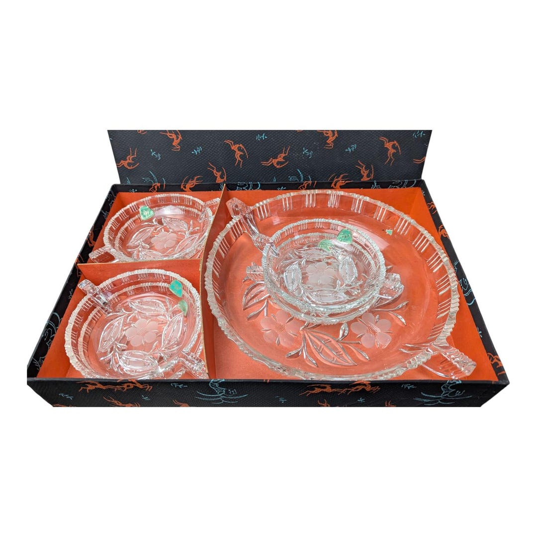 Vintage Glass Serving Set With Floral Cut – Crystal Glass Walther, 7 ...