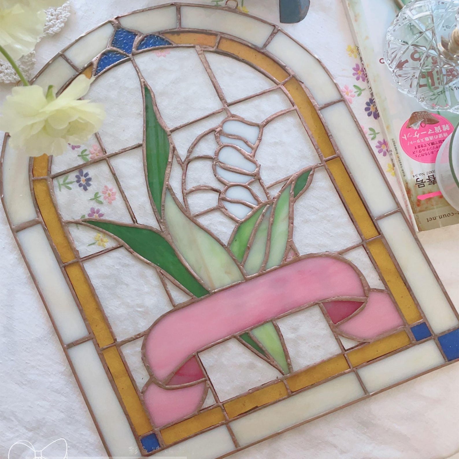 Stained Glass Lily of the Valley Painting,pink Ribbon White Lily of the ...