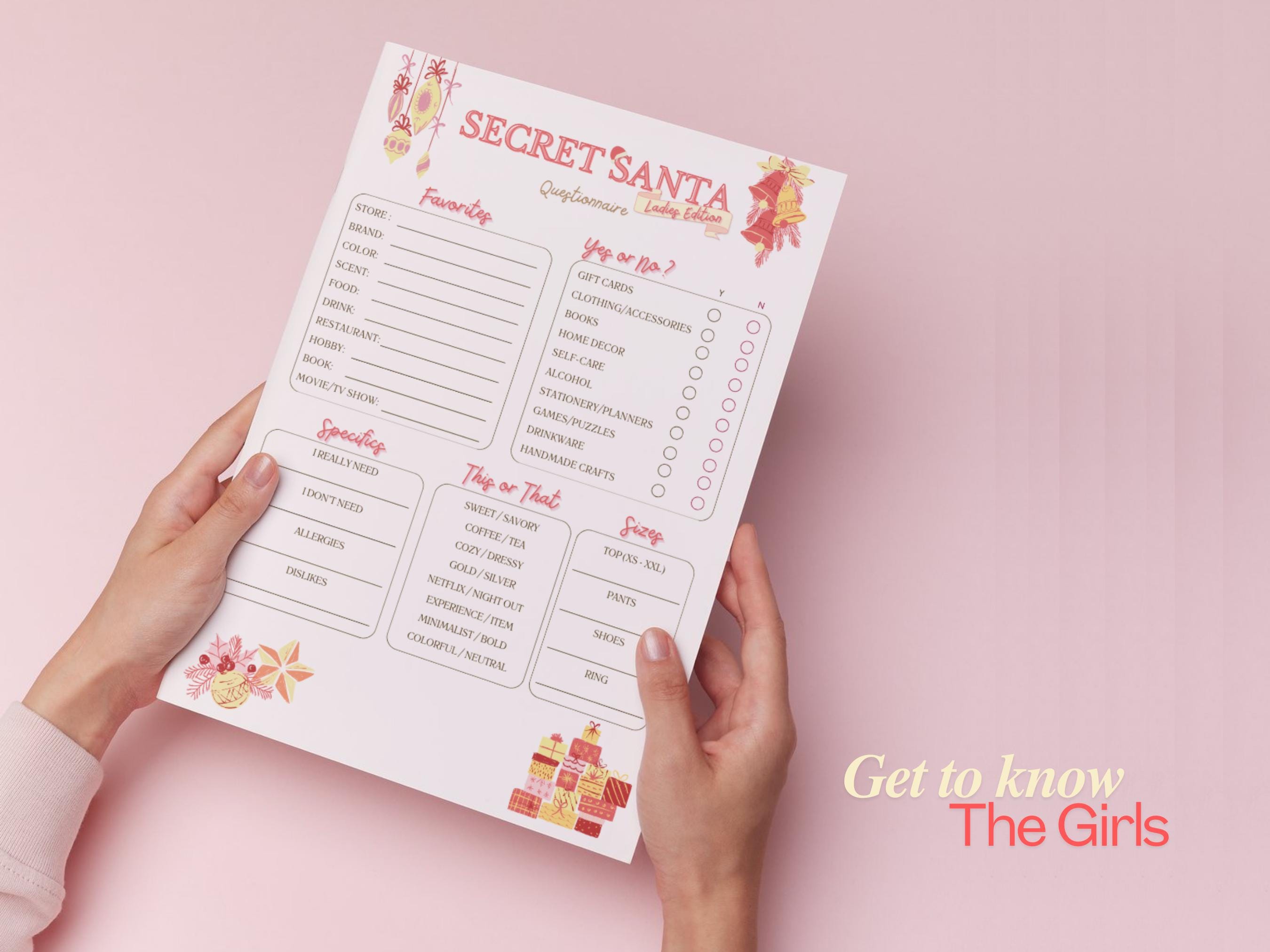 Secret Santa Questionnaire Ladies Edition | Pink Girls Gift Exchange ...