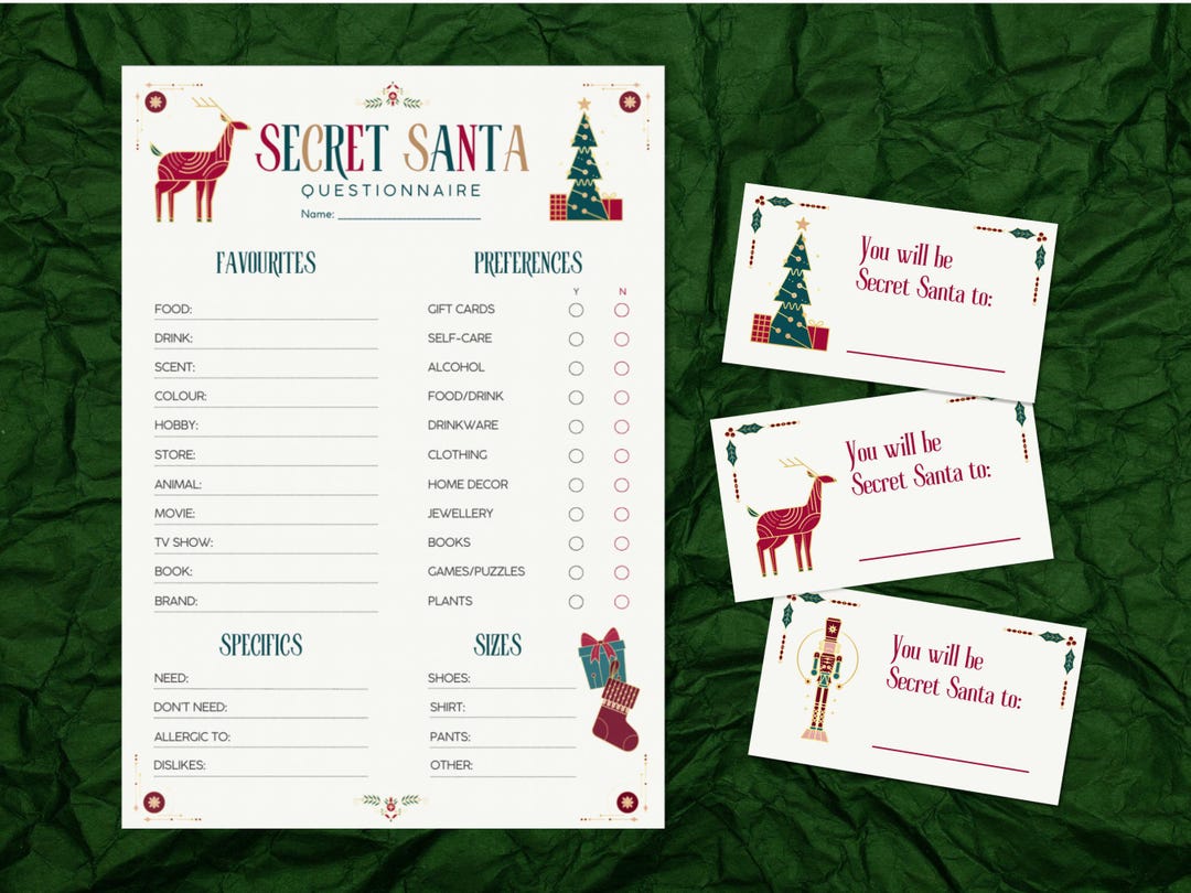 Secret Santa Questionnaire Bundle Secret Santa Name Card Printable Gift ...