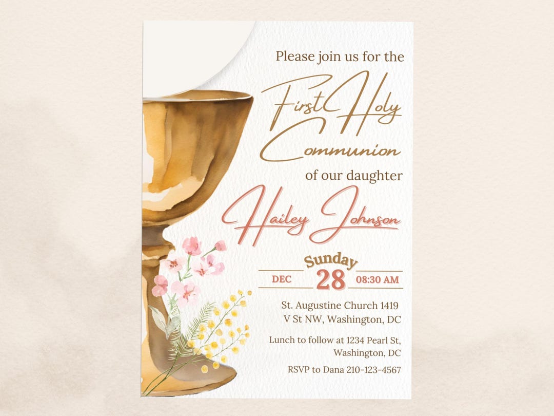 Pink First Holy Communion Invitation Template for Girl Daughter ...