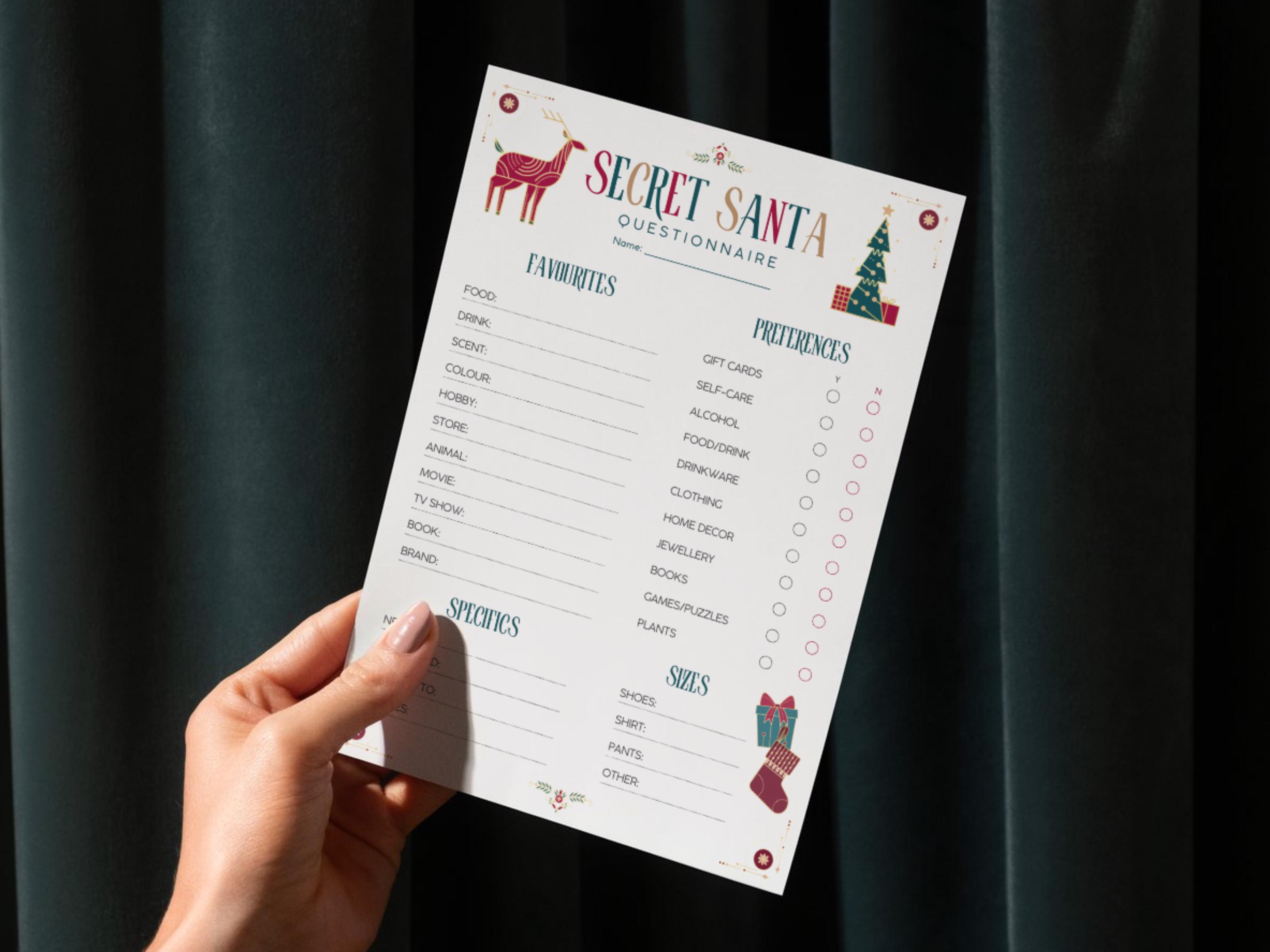 Secret Santa Questionnaire Bundle Secret Santa Name Card Printable Gift ...