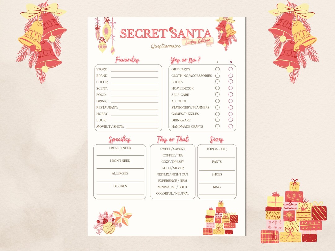 Secret Santa Questionnaire Ladies Edition | Pink Girls Gift Exchange ...
