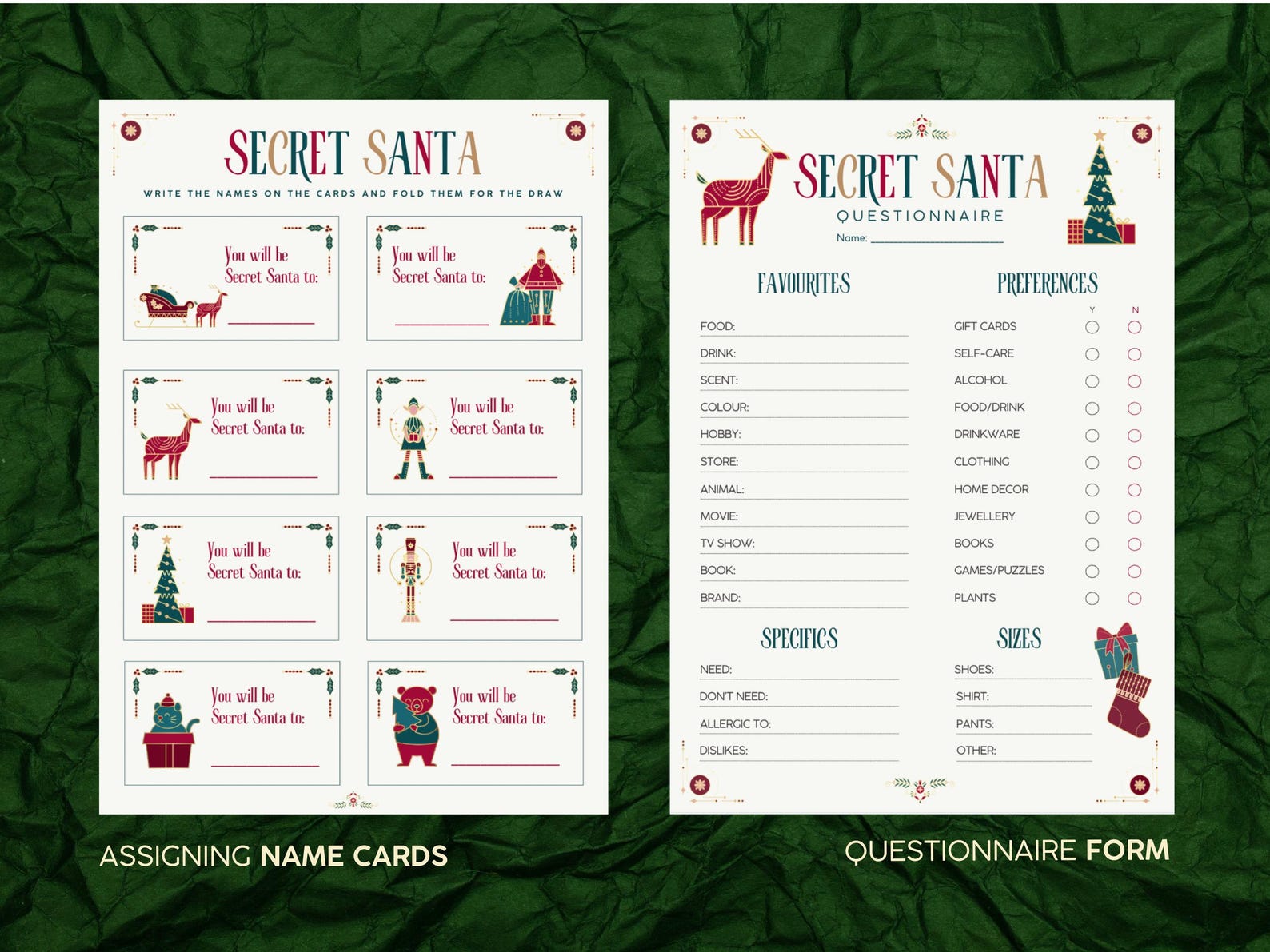 Secret Santa Questionnaire Bundle Secret Santa Name Card Printable Gift ...