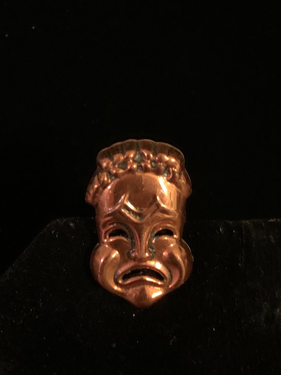 Vintage Bronze Colored Theater Mask Drama Brooch Pin - Gem