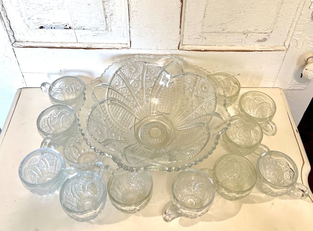 Antique Petal and Starburst Glass Punch Bowl Set With 12 Glasses - Etsy