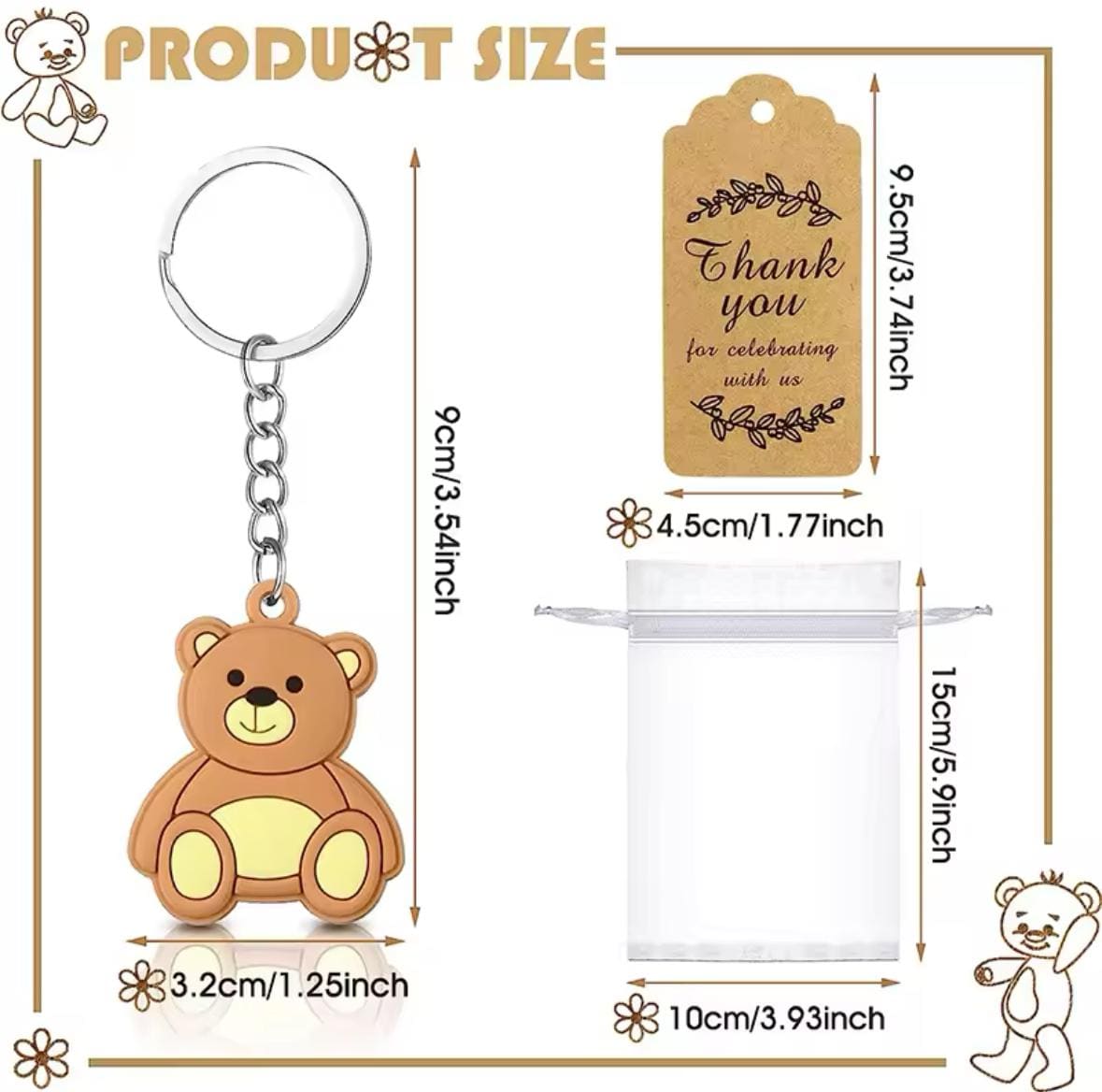 Teddy Bear Key Ring Baby Shower Birthday Party With Organza Bag for ...