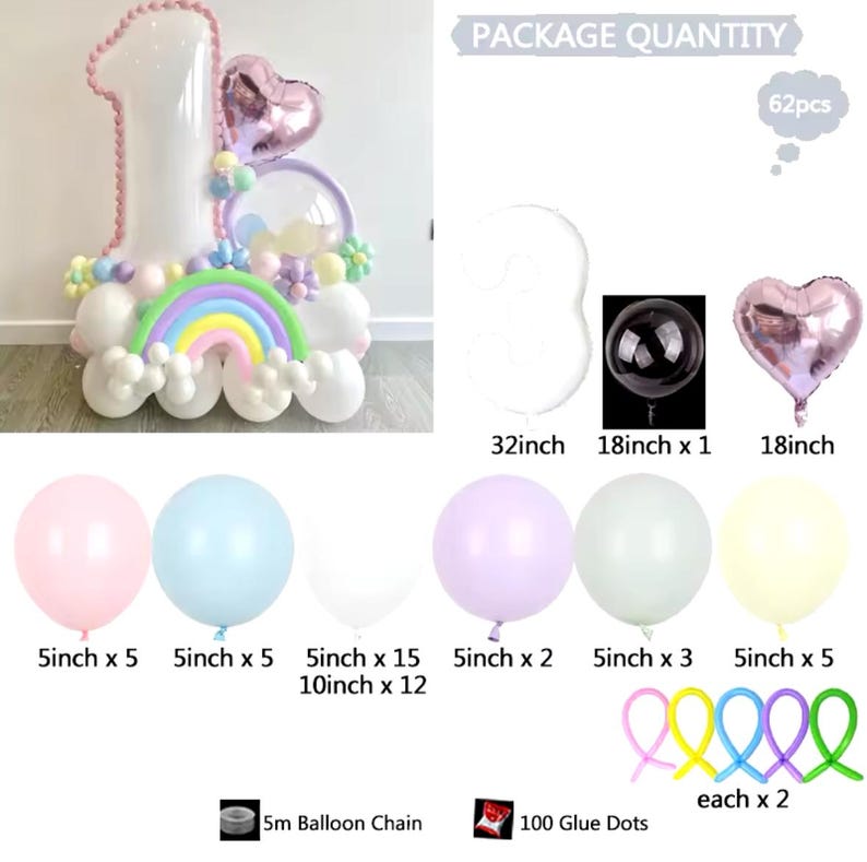Number Balloon Tower Kit Pastel Colours Rainbow Clouds Birthday Party ...