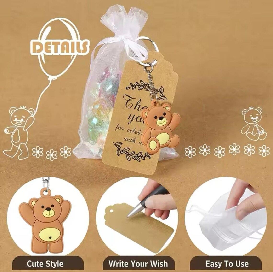Teddy Bear Key Ring Baby Shower Birthday Party With Organza Bag for ...