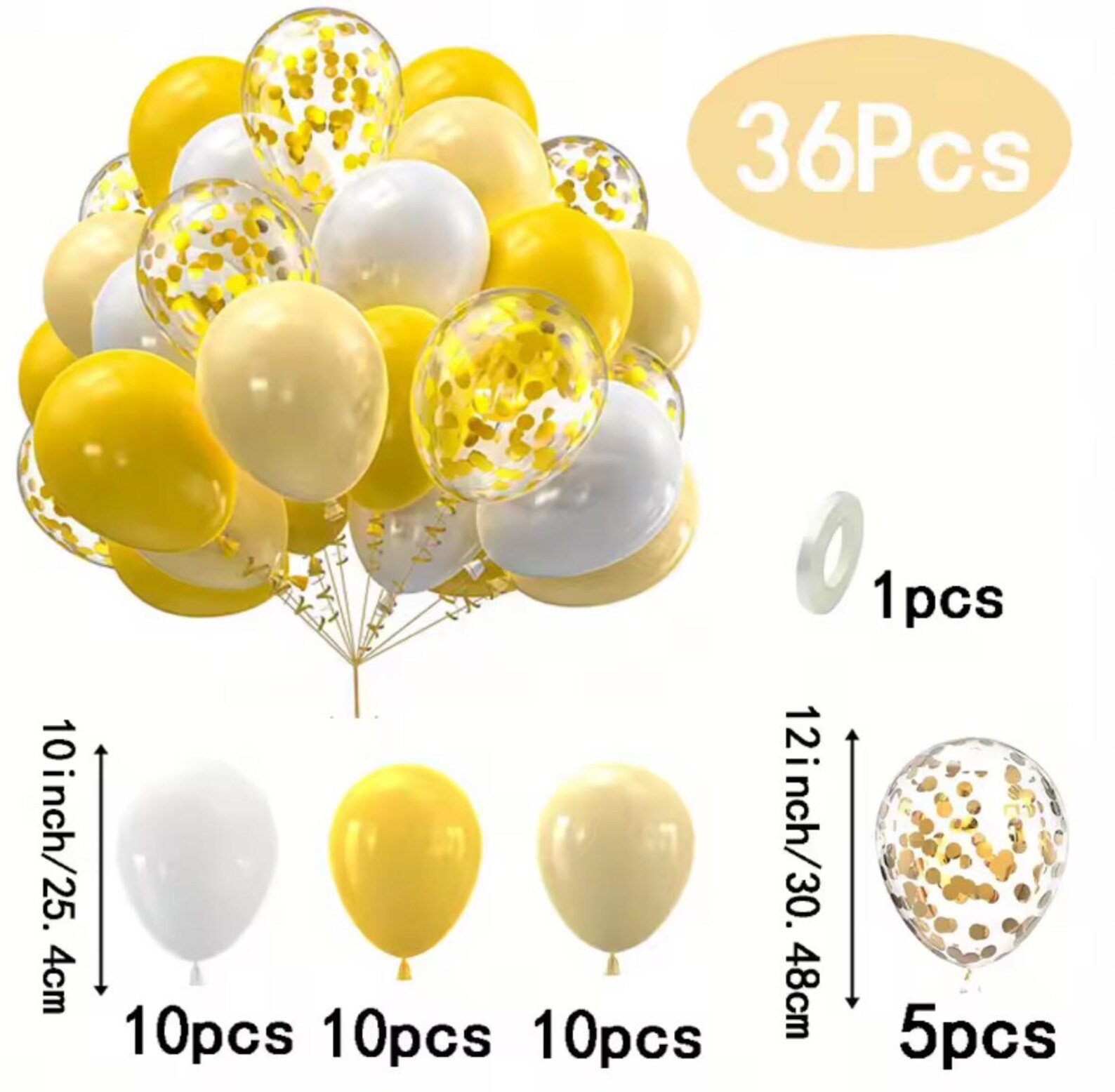 10 Inch Yellow & White Balloon Bundle With Gold Confetti – Party ...