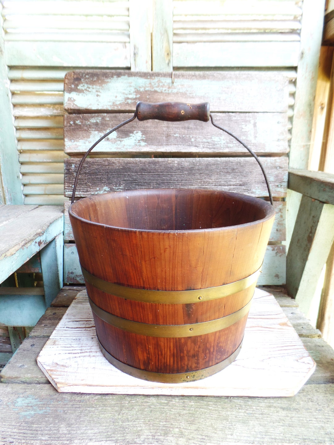 Vintage Wood Bucket With Brass Bands, Bucket With Handle, Rustic ...