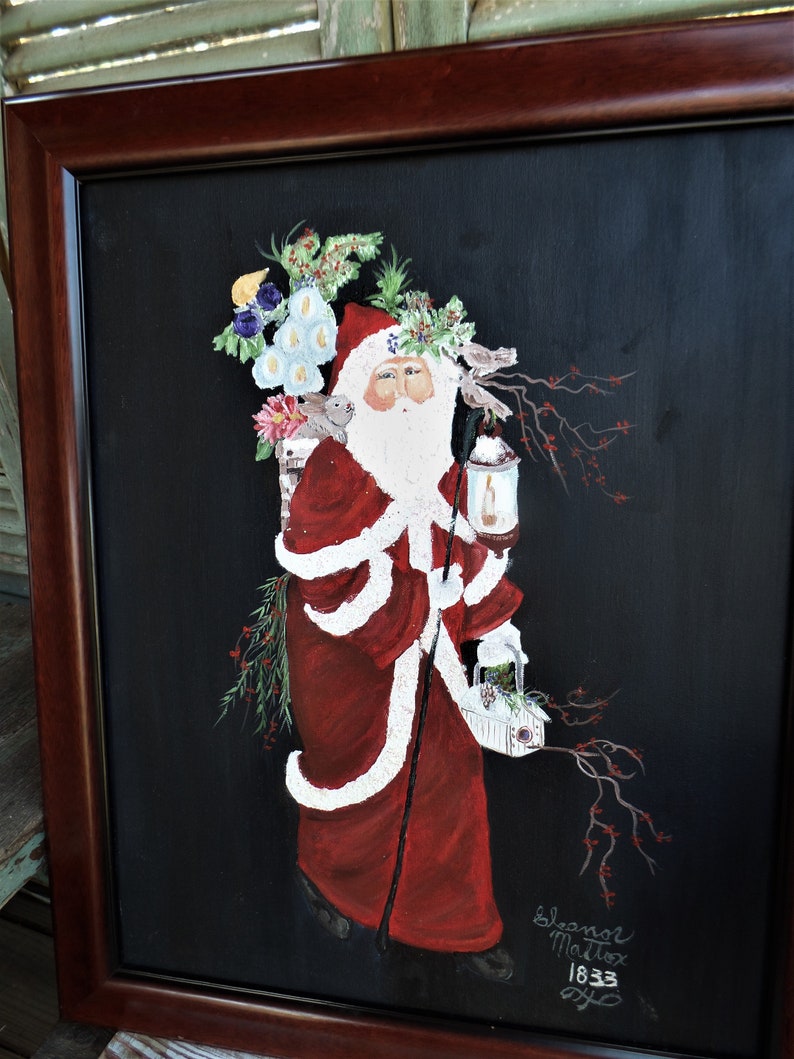 Vintage Primitive Santa Claus Painting Picture Wood Frame Old World ...