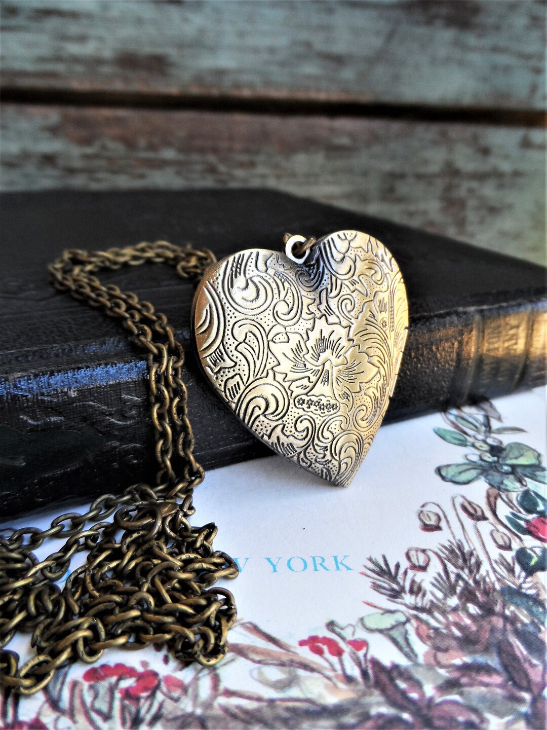 Vintage Large Heart Locket Necklace Brass Carved Engraved Floral Design ...