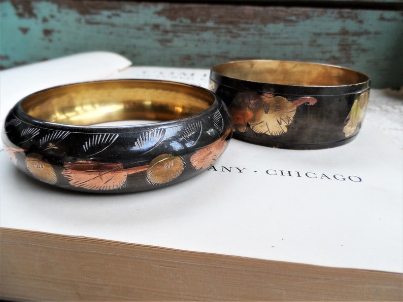 Vintage Bangle Bracelet Set Brass Copper Mixed Metals Elephant Leaves ...