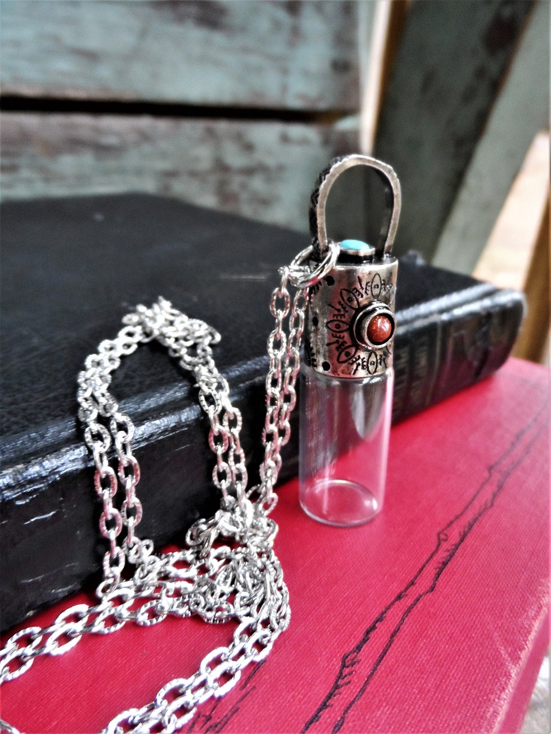 Vintage Style Perfume Locket Necklace Long Chain Faux Turquoise Stone ...