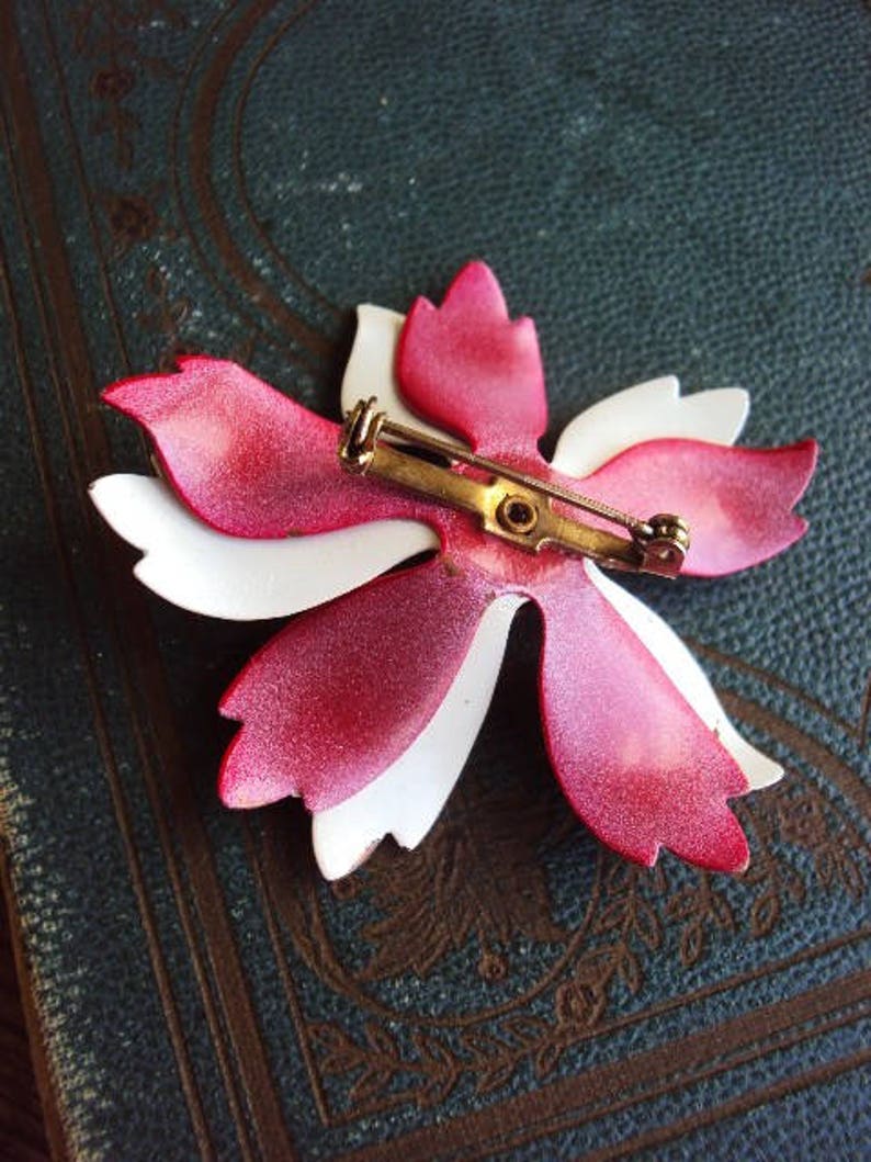 Vintage Metal Flower Brooch Painted Enamel Red White and Blue - Etsy