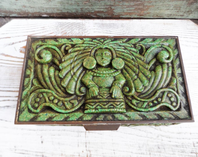 Vintage El Arte Azteca Jewelry Box Cigar Box Brass and Green Turquoise ...