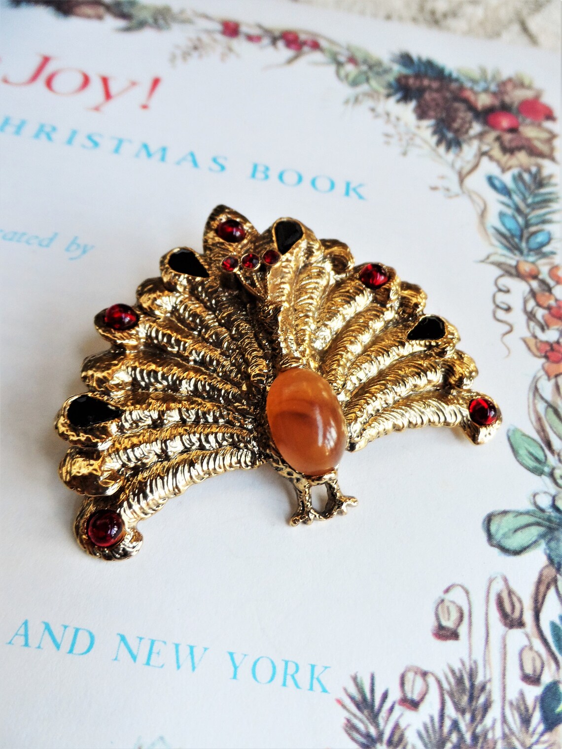 Vintage Peacock Brooch Jelly Belly Pin Rhinestones Stone Costume ...