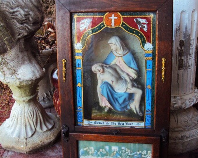 Antique Catholic Last Rites Pieta Shadow Box Mary and Jesus Statue Oak ...