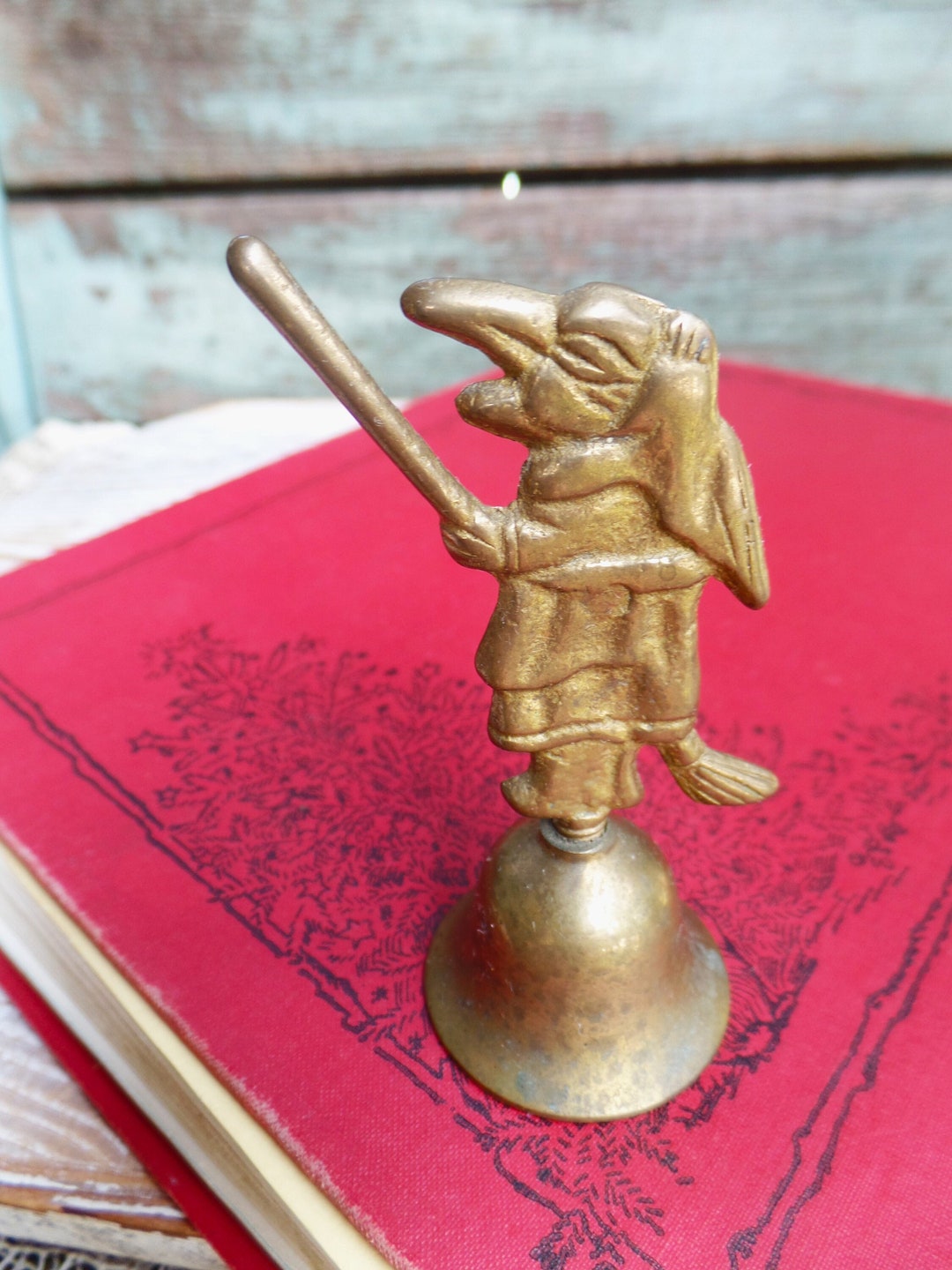Vintage Brass Kitchen Witch Bell, Witch Hand Bell, Halloween Decoration, Witch Broom, Aged Brass ...