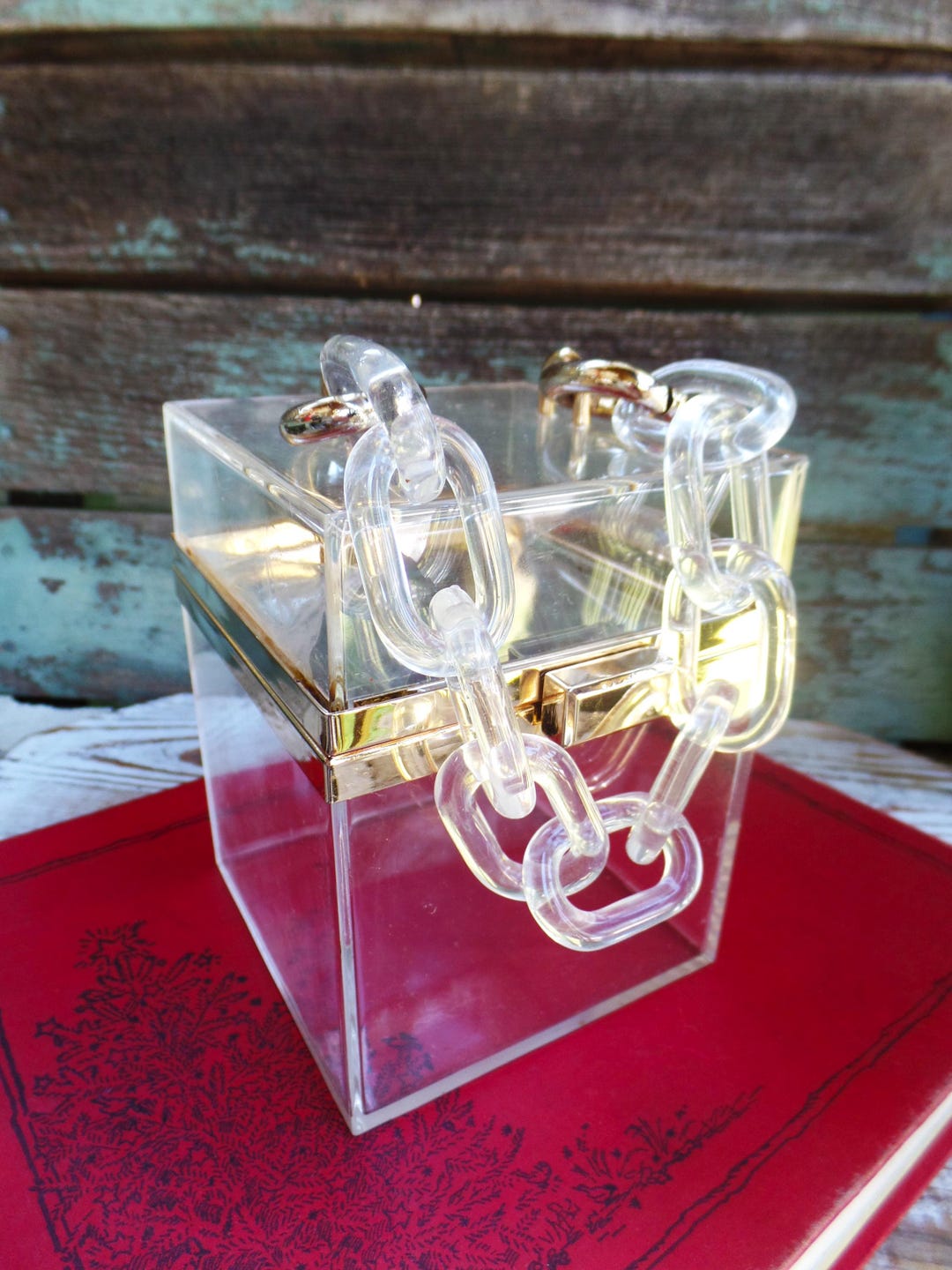 Vintage Clear Lucite Box Purse With Chain Strap, Clear Acrylic Hinged ...