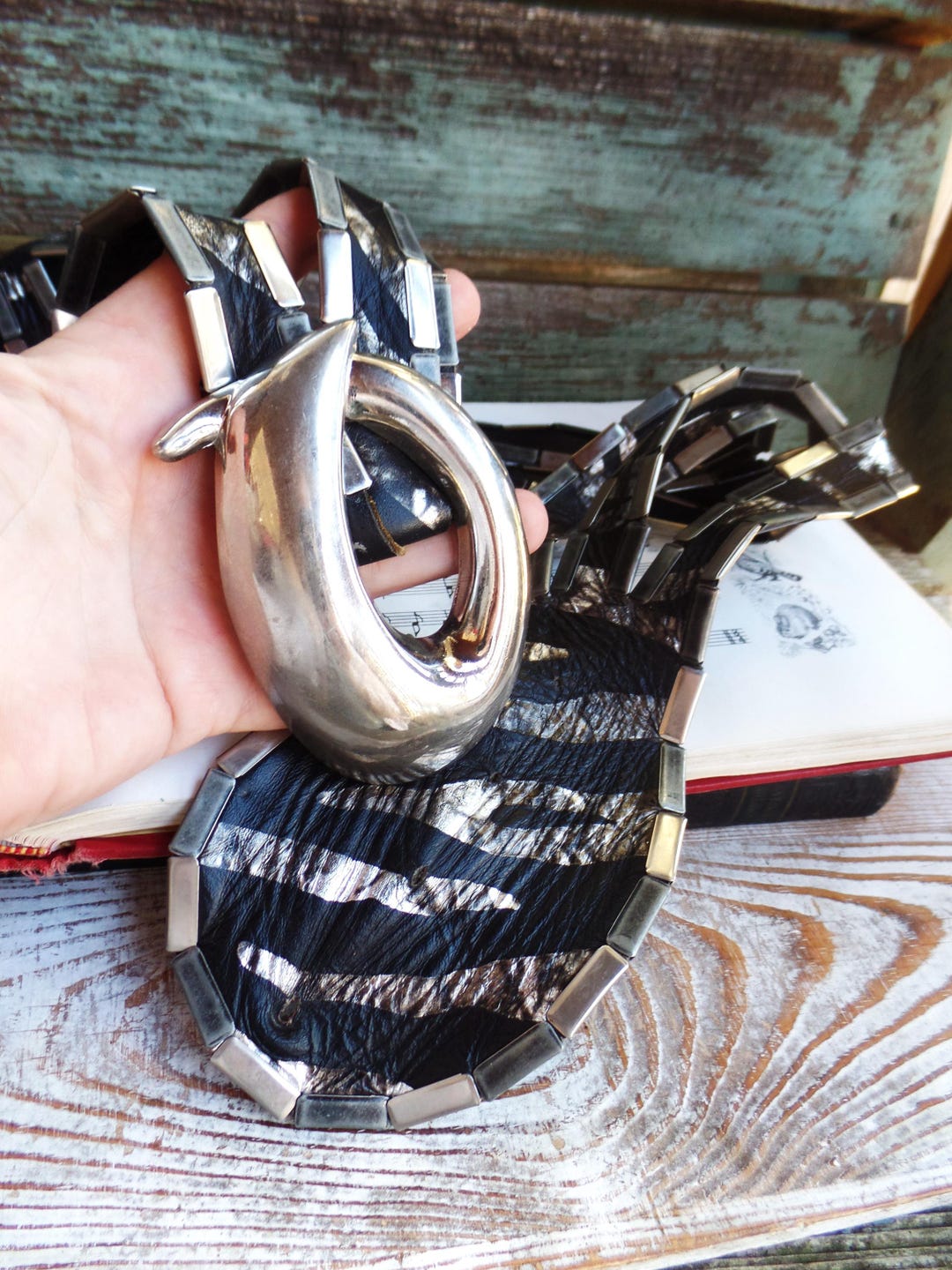 Vintage Soft Leather Belt With Large Silver Plate Buckle Signed SARA, Punk Rock Wide Black and ...