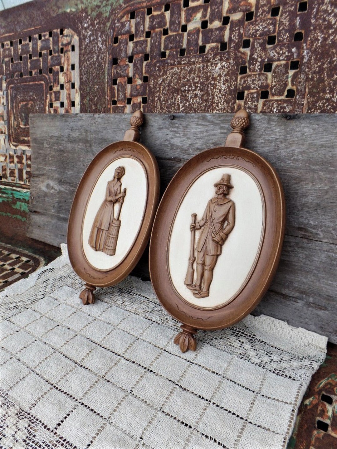 Vintage Mid Century Mod Wall Plaques Pictures Syroco Pilgrims Man Woman ...