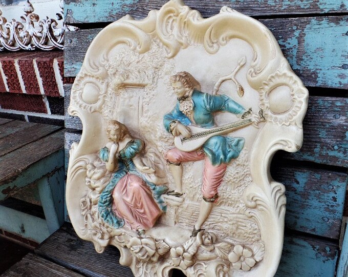 Vintage French Style Chalk Plaque Victorian Revival Man Woman Shabby ...