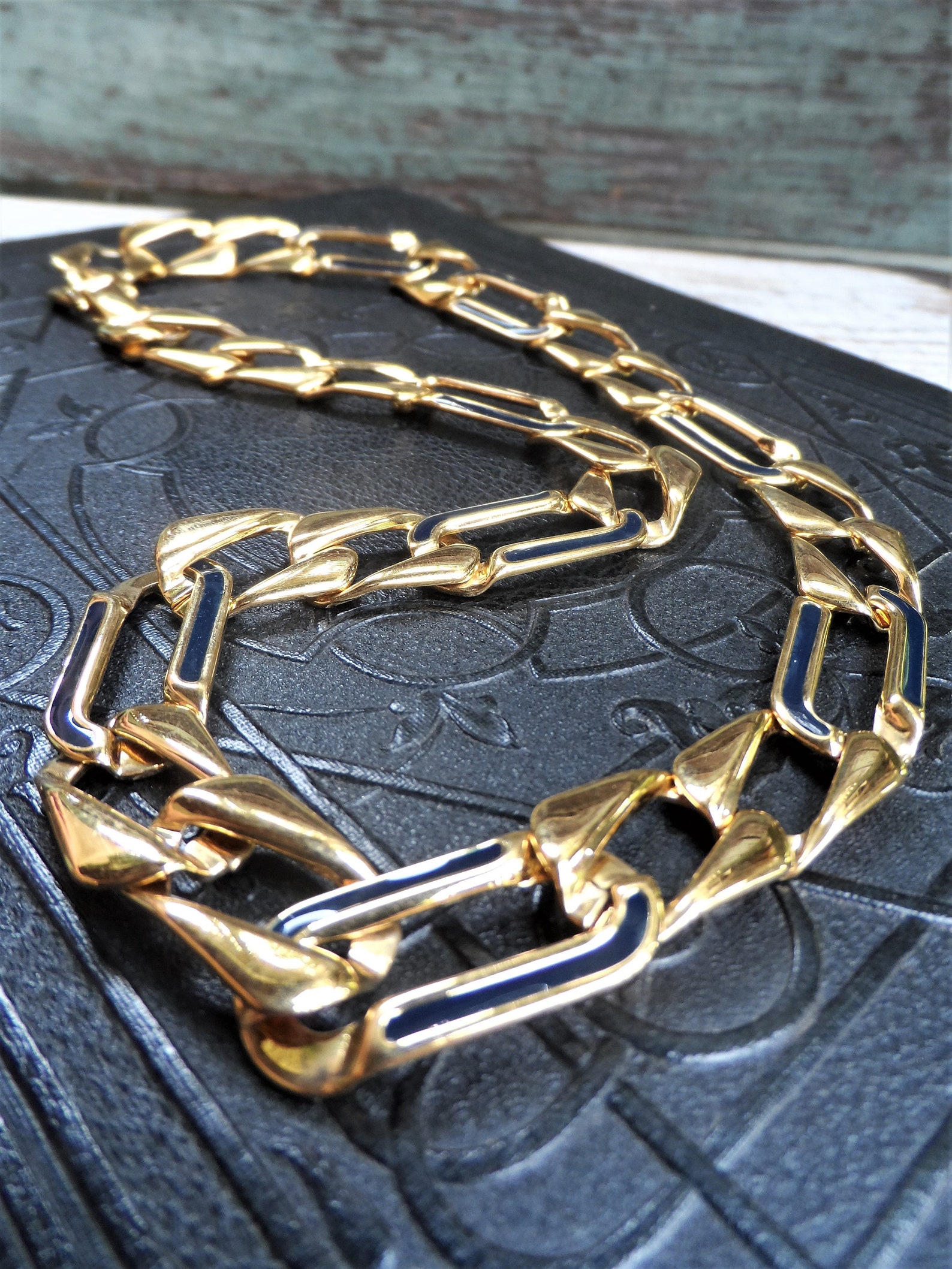 Vintage Monet Necklace Curb Link Chain With Blue Enameled - Etsy