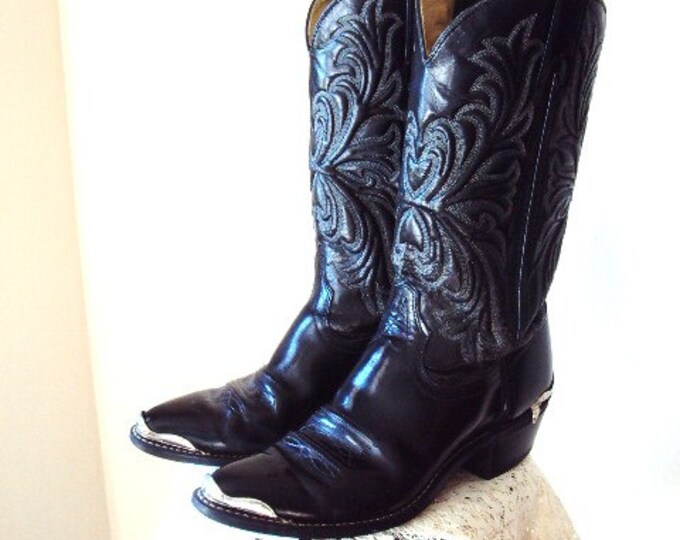 Vintage Texas Cowboy Boots Black Tooled Leather Silver Medallions Mens ...