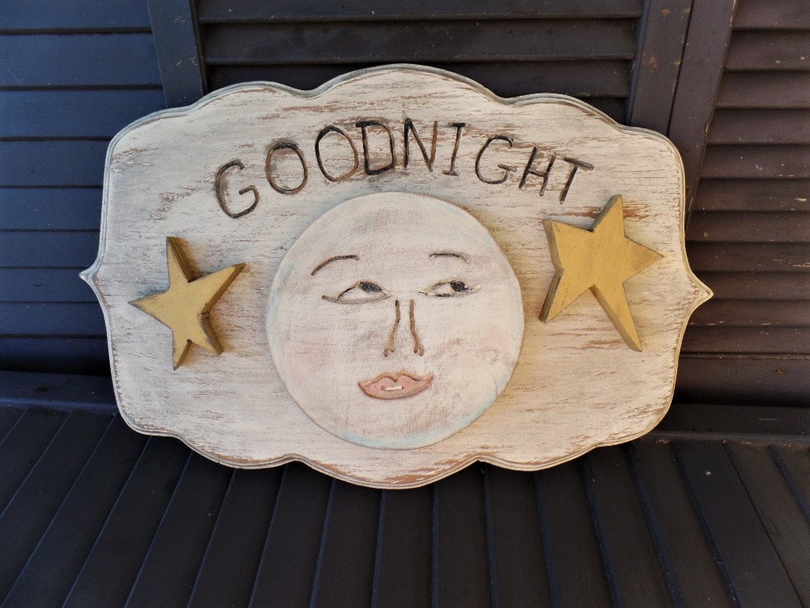Shabby Chic Wood Sign Goodnight Moon Folk Art Stars Beveled | Etsy