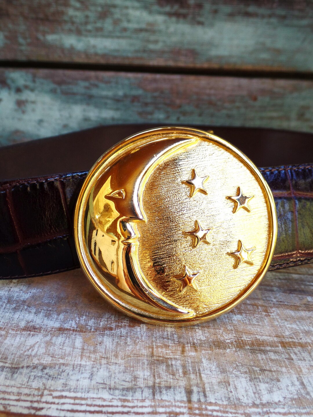 Vintage Crescent Moon and Stars Belt Buckle With Leather Belt, Dotty ...