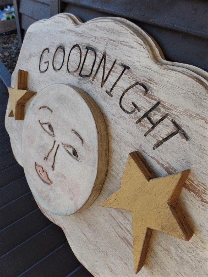 Shabby Chic Wood Sign Goodnight Moon Folk Art Stars Beveled | Etsy