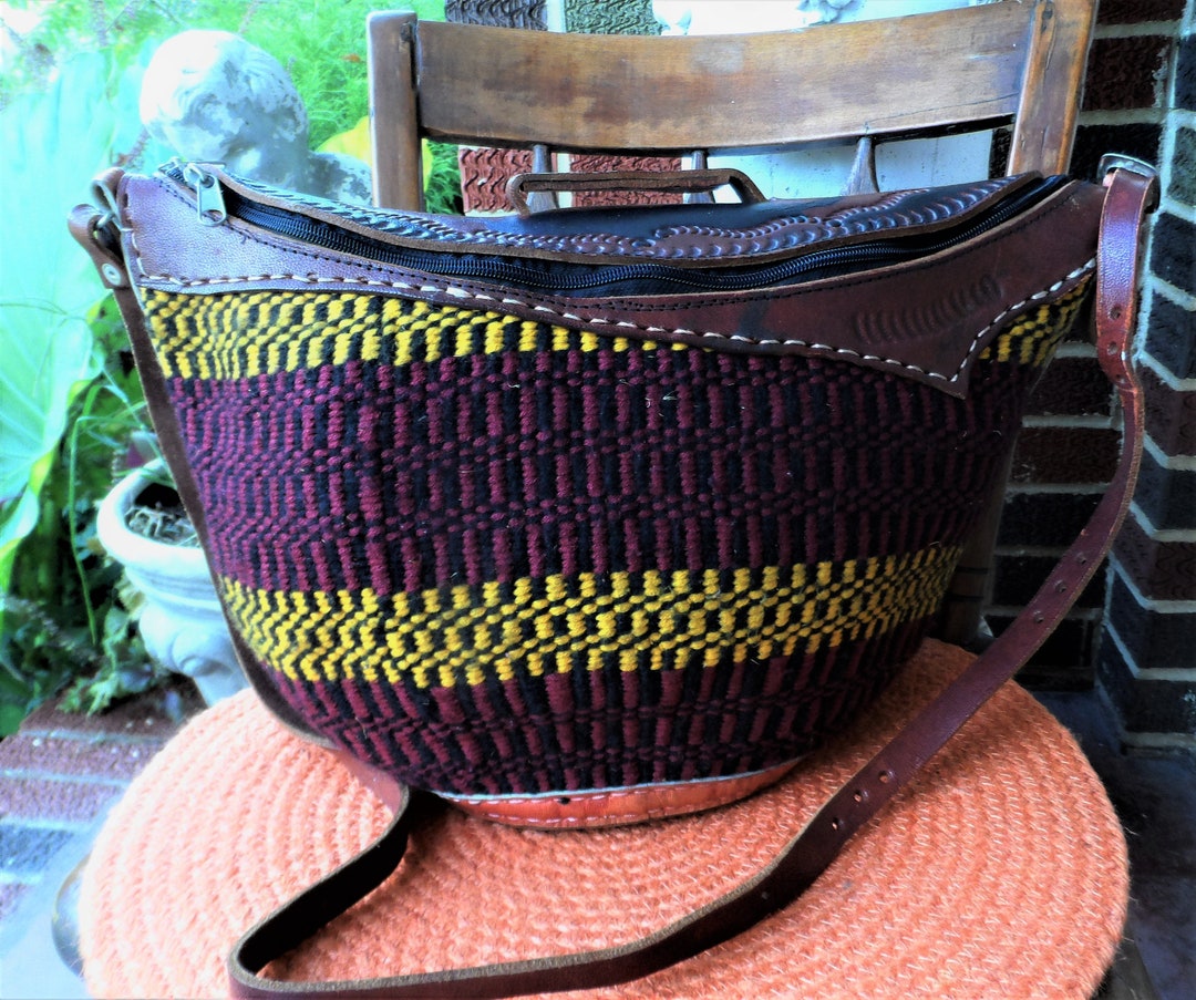 Vintage Woven Basket Sisal Bag Purse Tooled Leather Boho Bohemian Chic ...