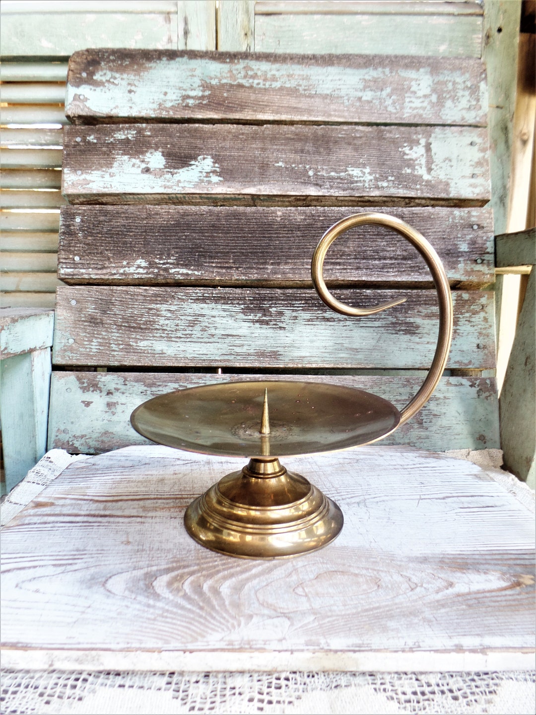 Vintage Brass Candle Holder Chamber Large Handle Candleholder Large ...