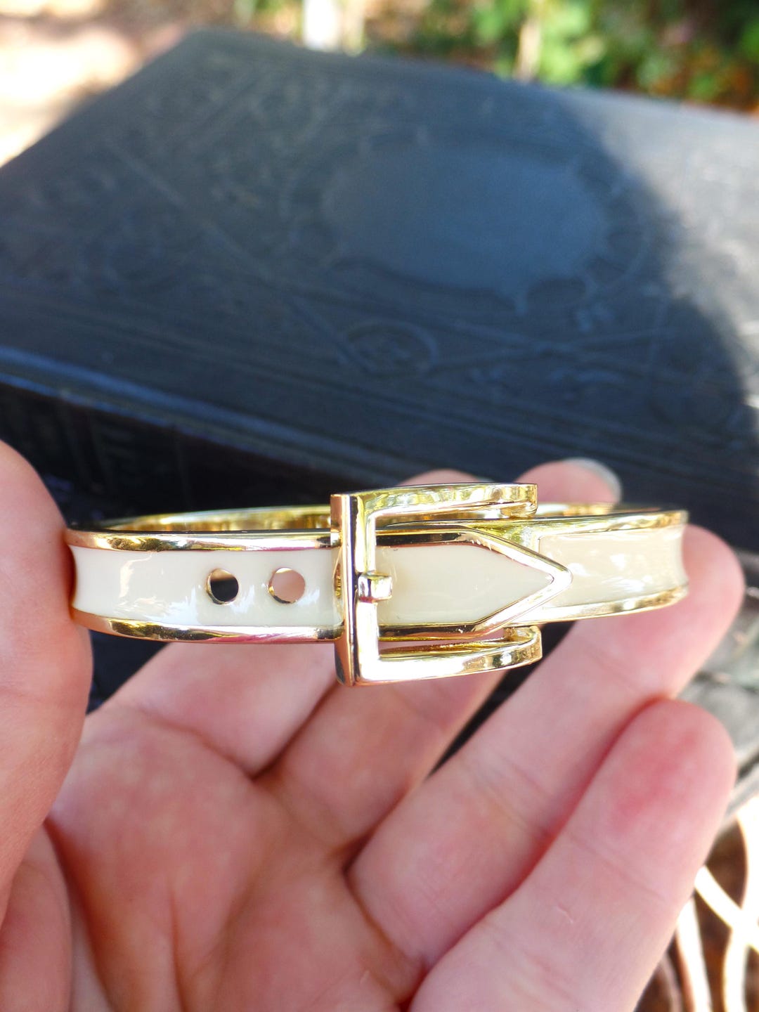 Vintage Enameled Buckle Hinged Cuff Bracelet, Cream off White Enamel ...