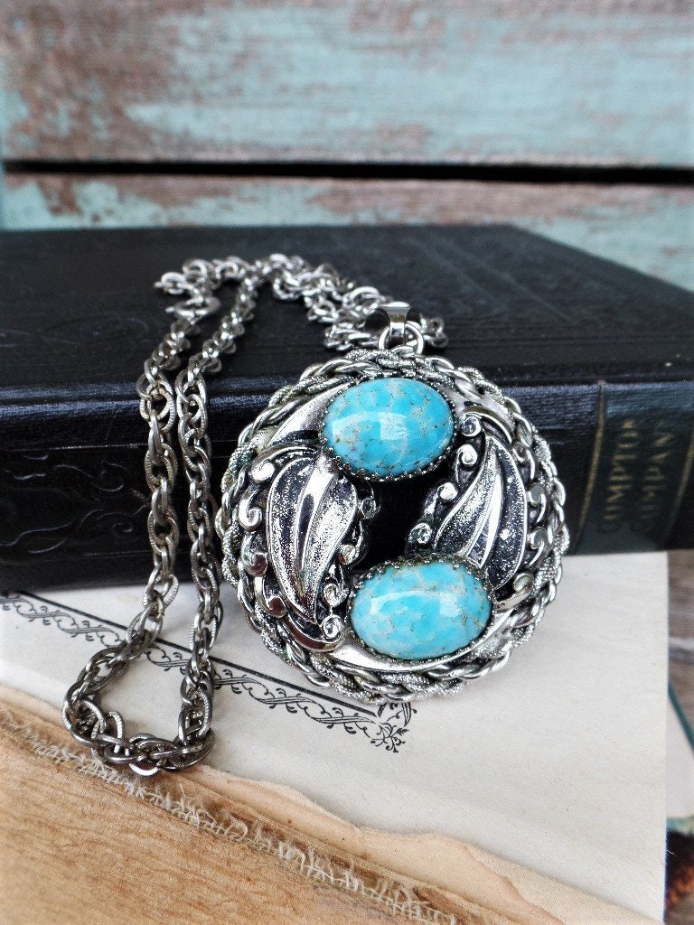 Vintage Turquoise Pendant Necklace Rope Chain Silver Necklace | Etsy