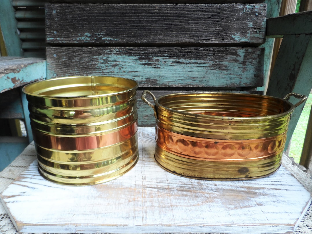 Vintage Brass and Copper Planter Set Flower Container Lacquered Brass ...