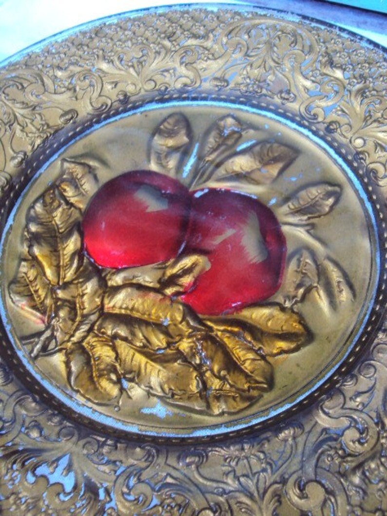 Vintage Goofus Glass Decorative Plate Apples Reverse Painted Intaglio ...