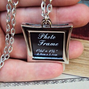 Long Necklace Picture Frame Pendant Photo Frame Textured Chain Silver ...