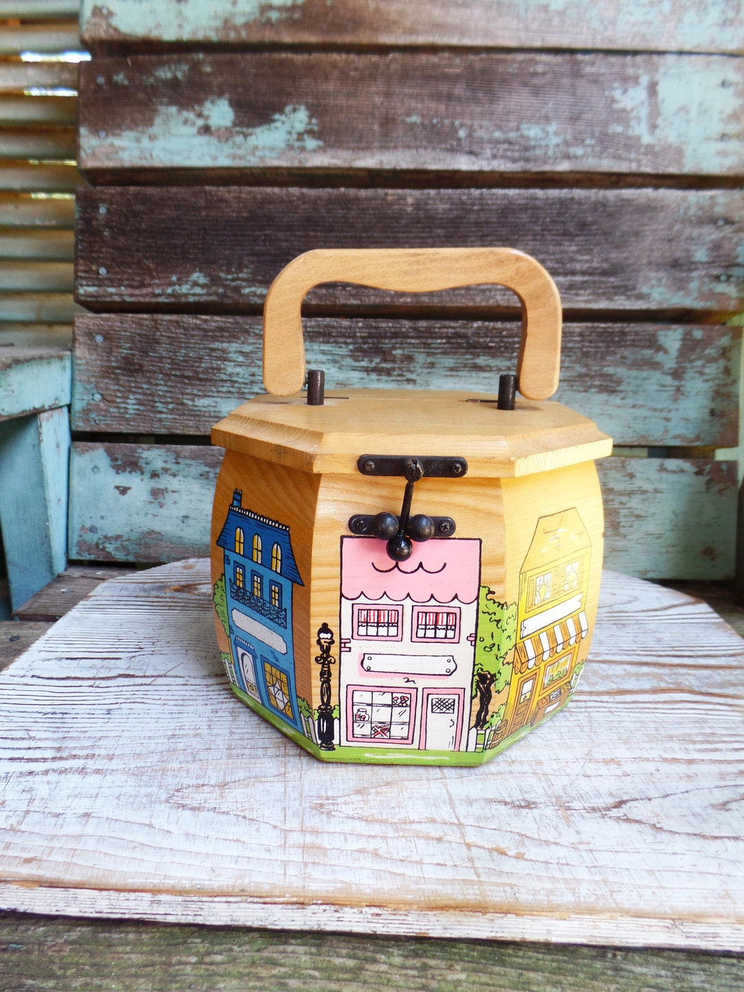 Vintage Wooden Box Purse, Painted Victorian Village, Mid Century Top ...