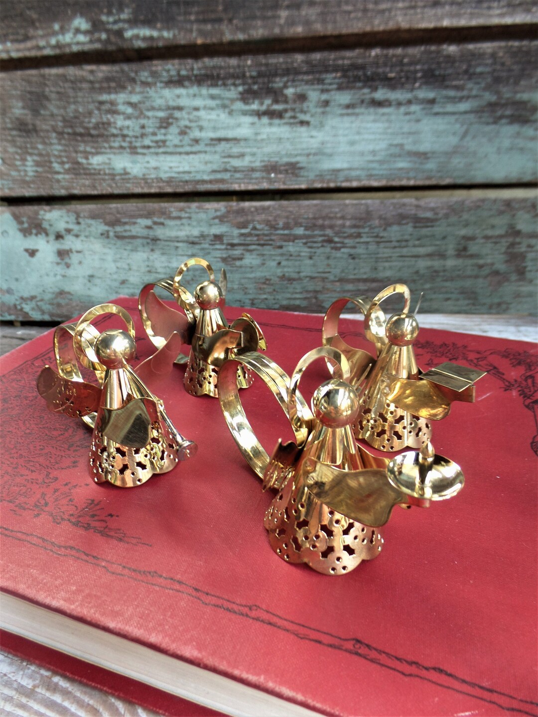Vintage Pierced Brass Christmas Angel Napkin Ring Holders Ornaments Set ...