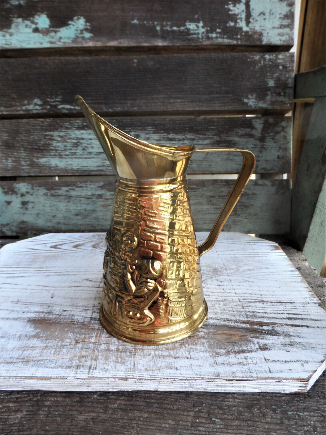 Vintage Embossed Brass Pitcher Vase Made in England Men Tree - Etsy